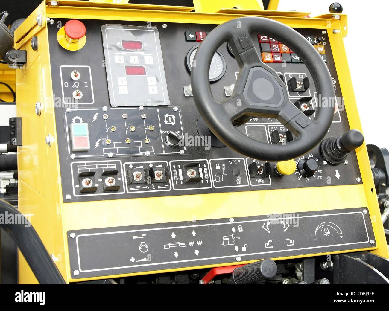 Heavy construction industry cockpit with wheel and buttons Stock Photo ...