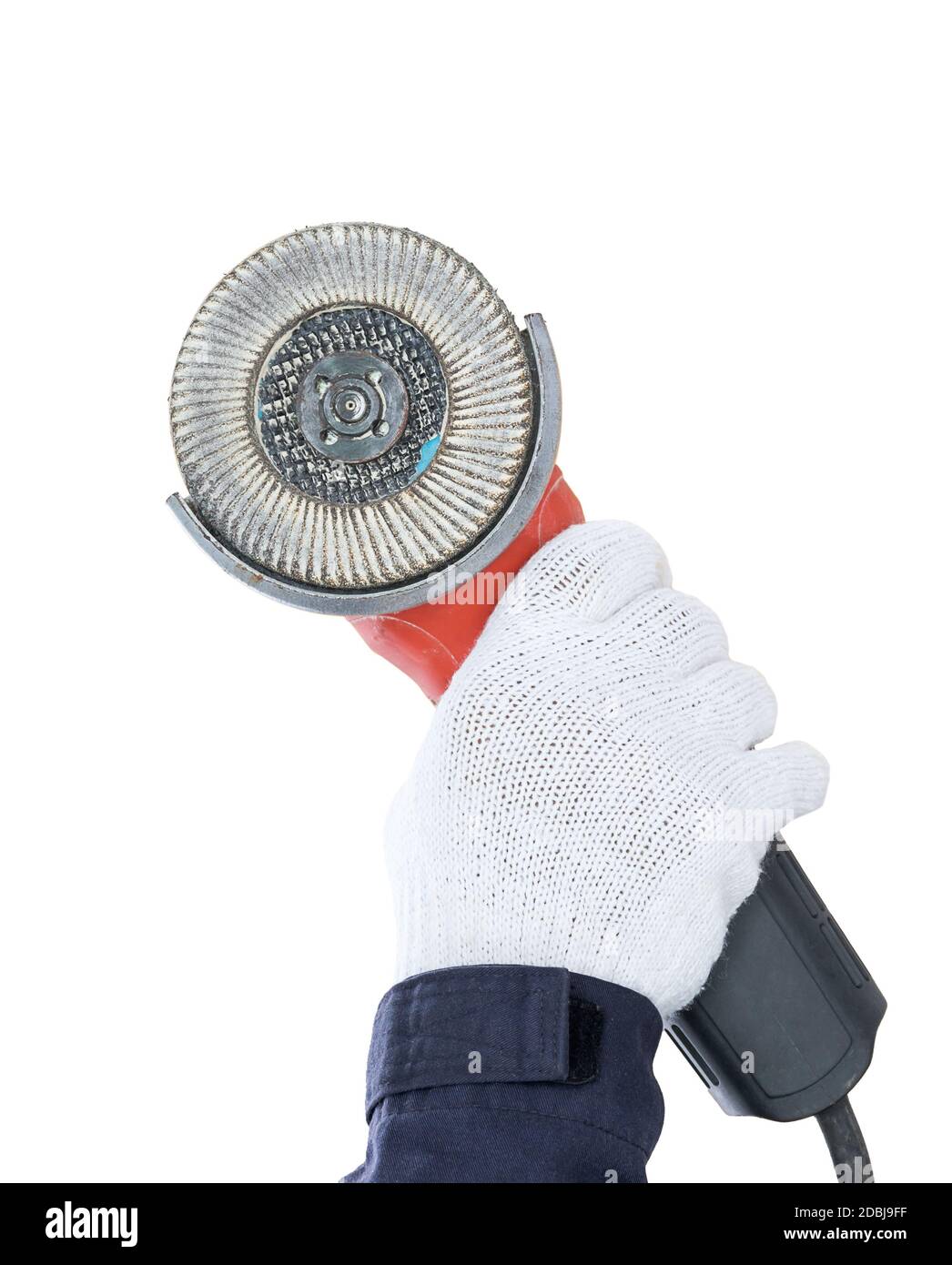 Hand in glove holding Circular saw with an abrasive disk for wood ...