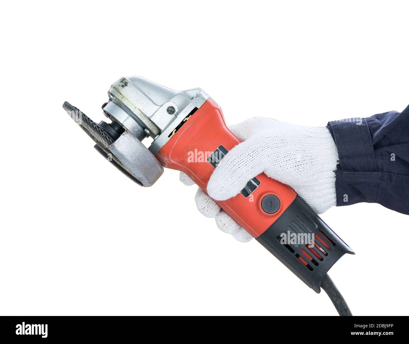 Hand in glove holding Circular saw with an abrasive disk for wood ...