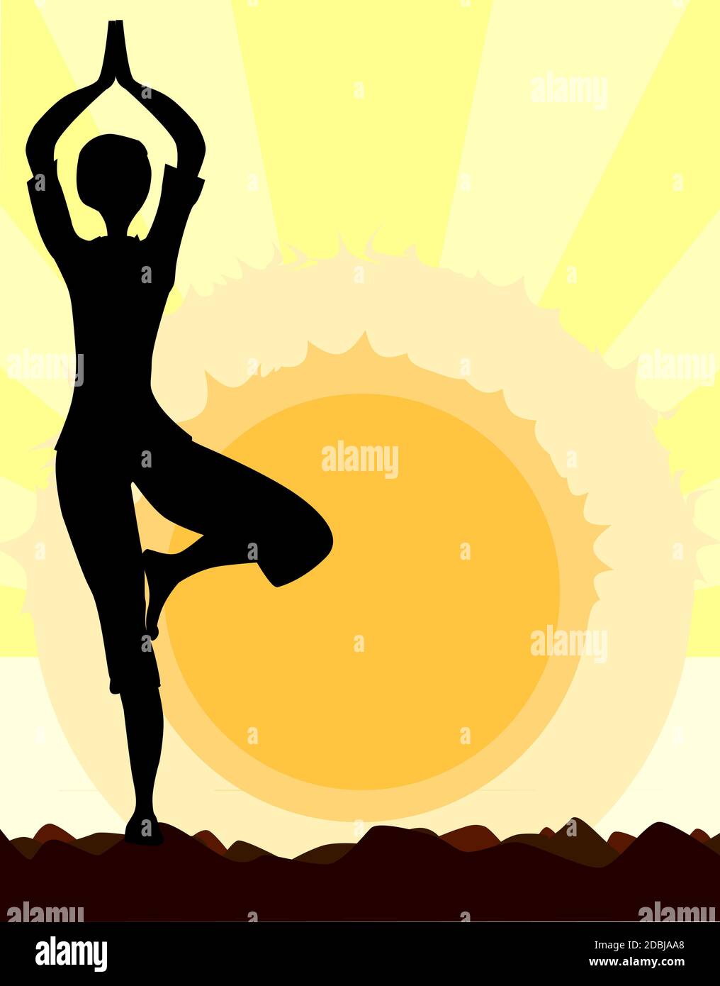 A woman performing a yoga asana against the rising sun Stock Photo - Alamy