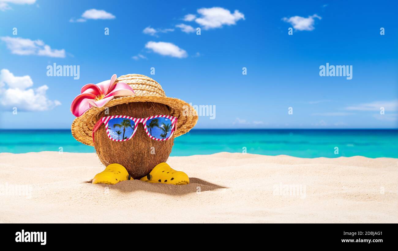 Coconut with sunglasses and Strawhat at tropical beach - Holiday ...