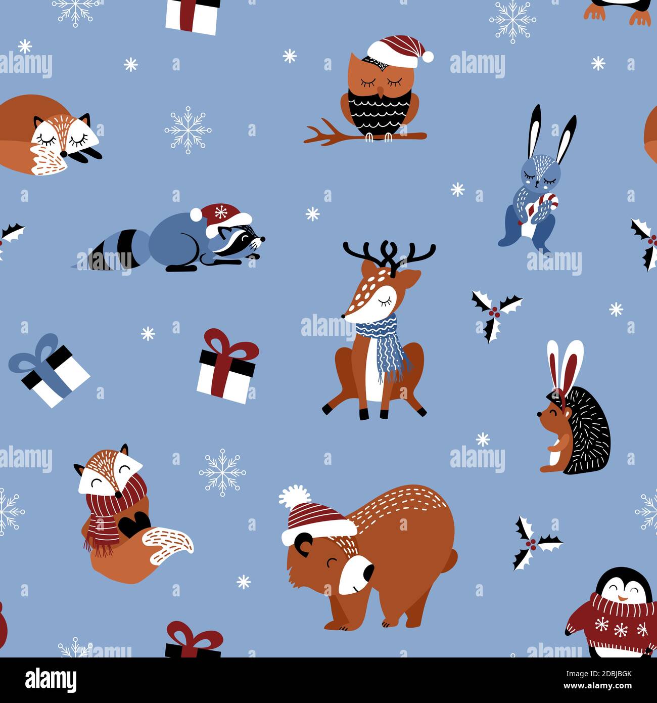 Christmas seamless pattern with cute woodland animals on light blue ...