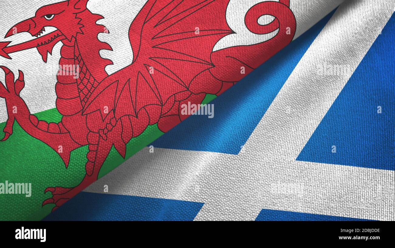 Wales and Scotland two flags textile cloth, fabric texture Stock Photo ...
