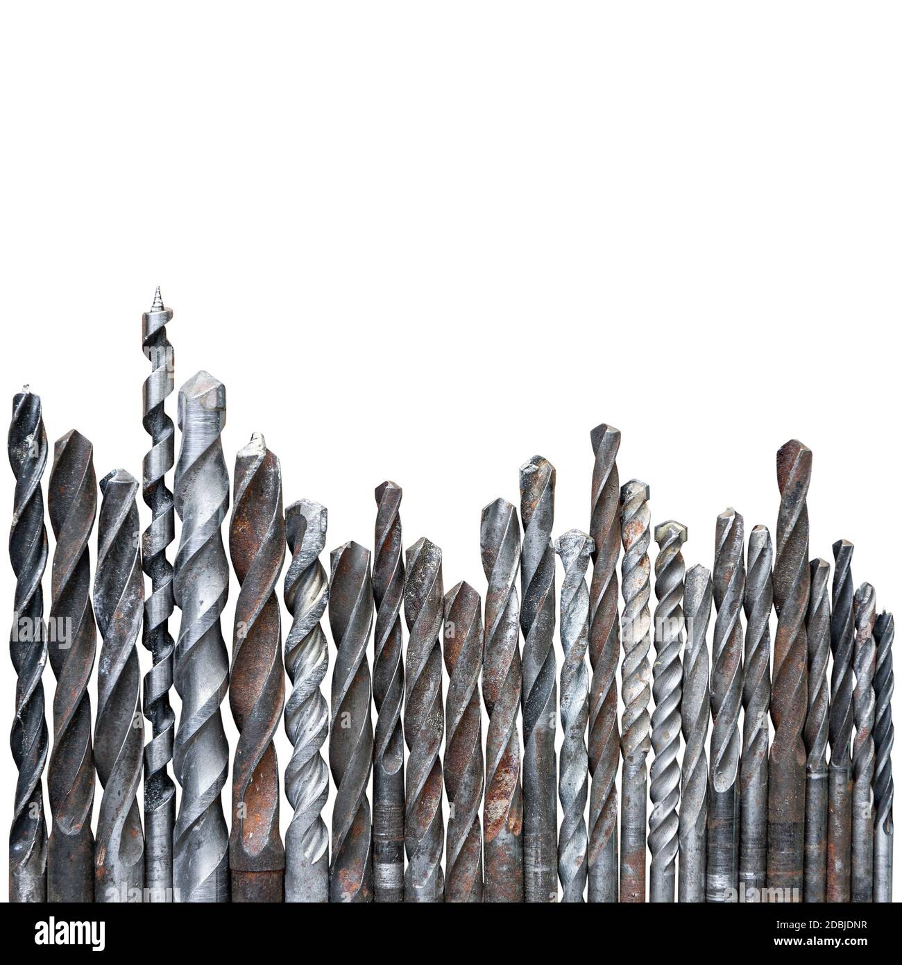 Old rusty drill bits isolated on white background with copy space on ...