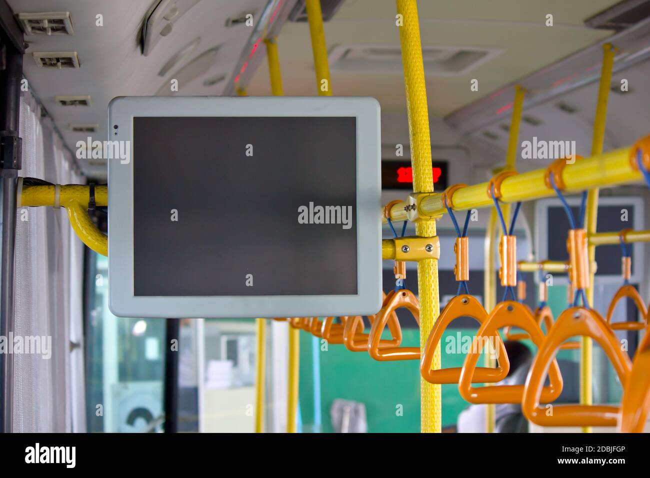 Handles standing passenger inside bus transportation hi-res stock ...
