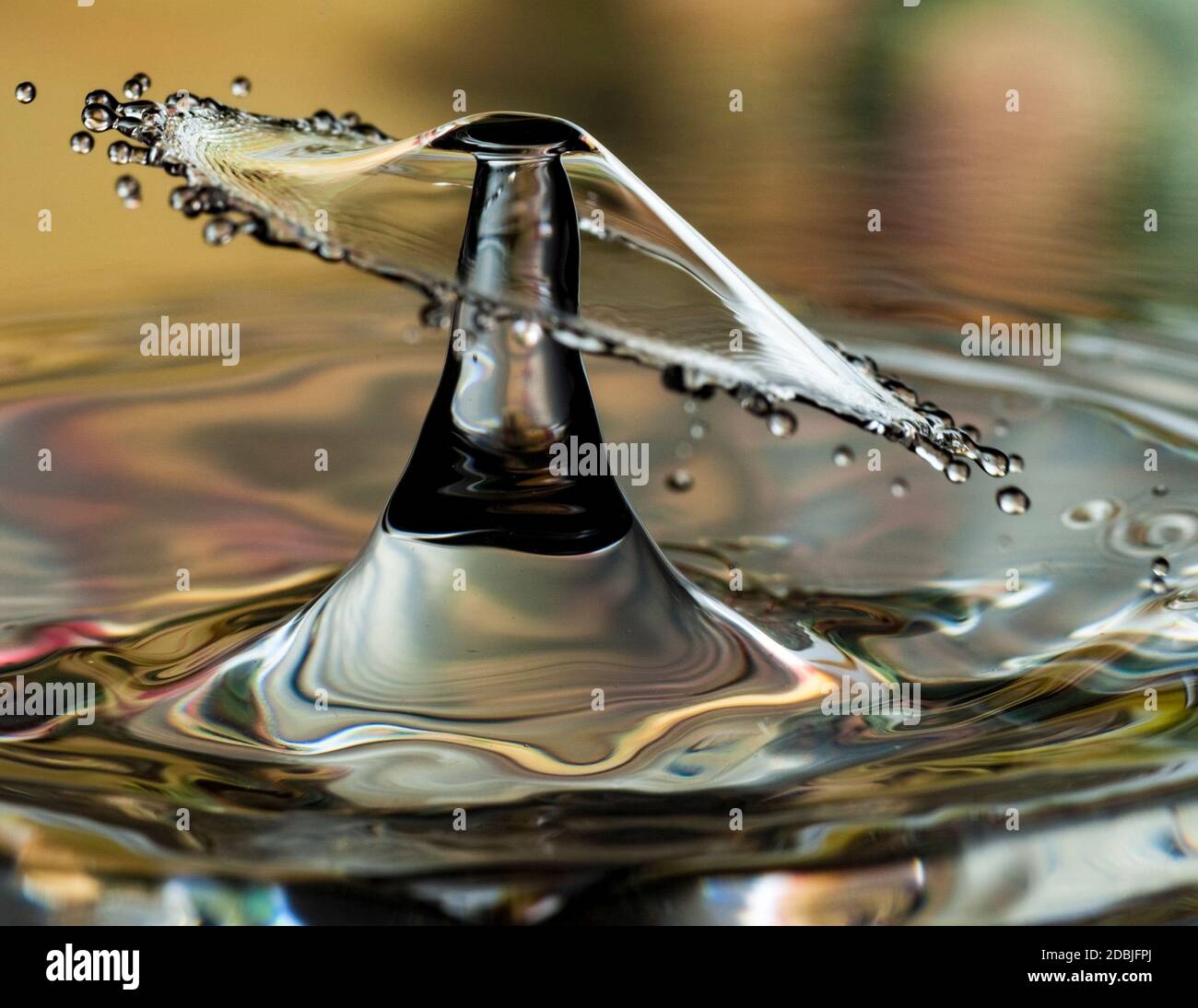 Two drops of water colliding, with second drop striking just as first ...