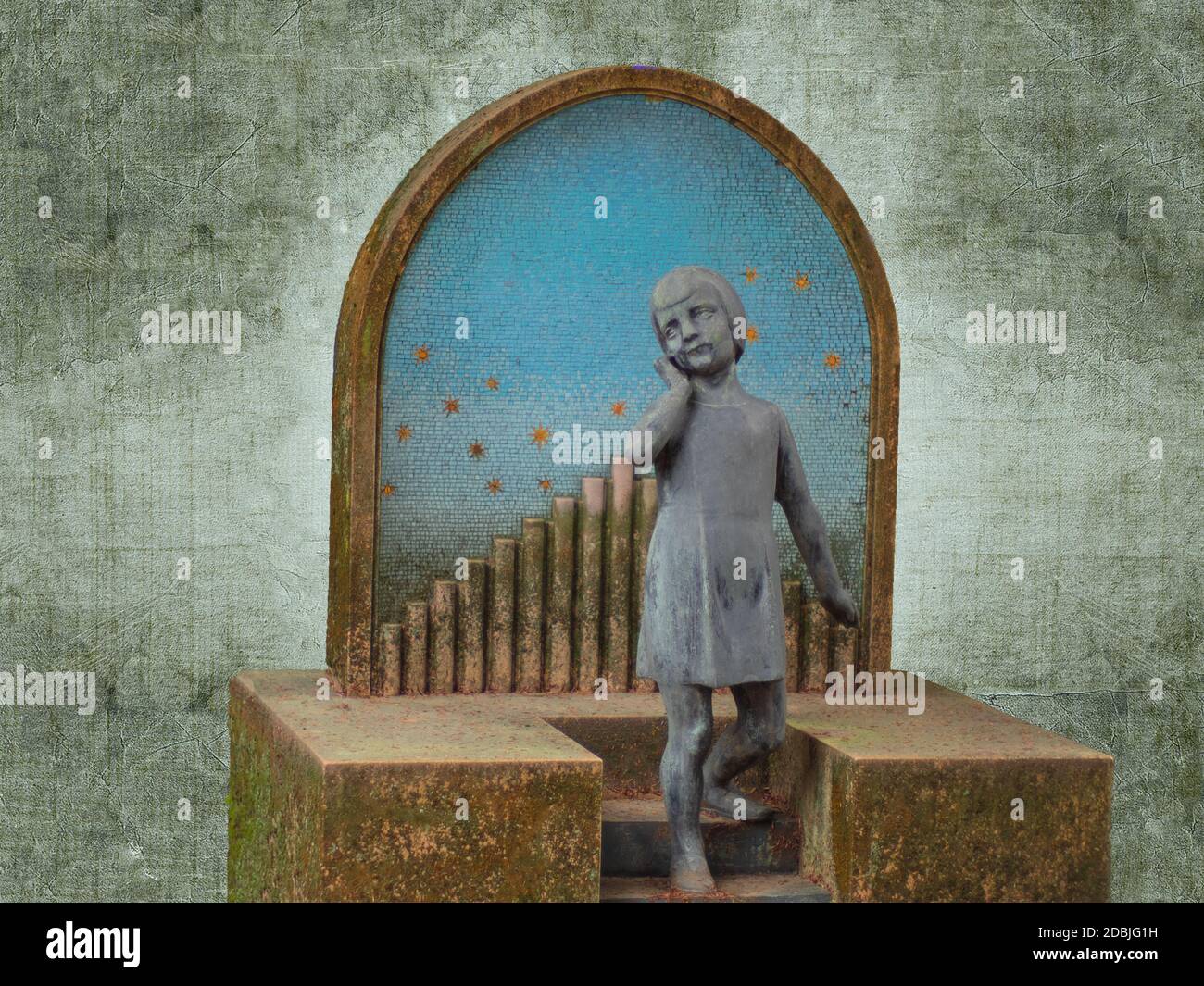 statue of a little girl on an old tomb with a background mosaic ...