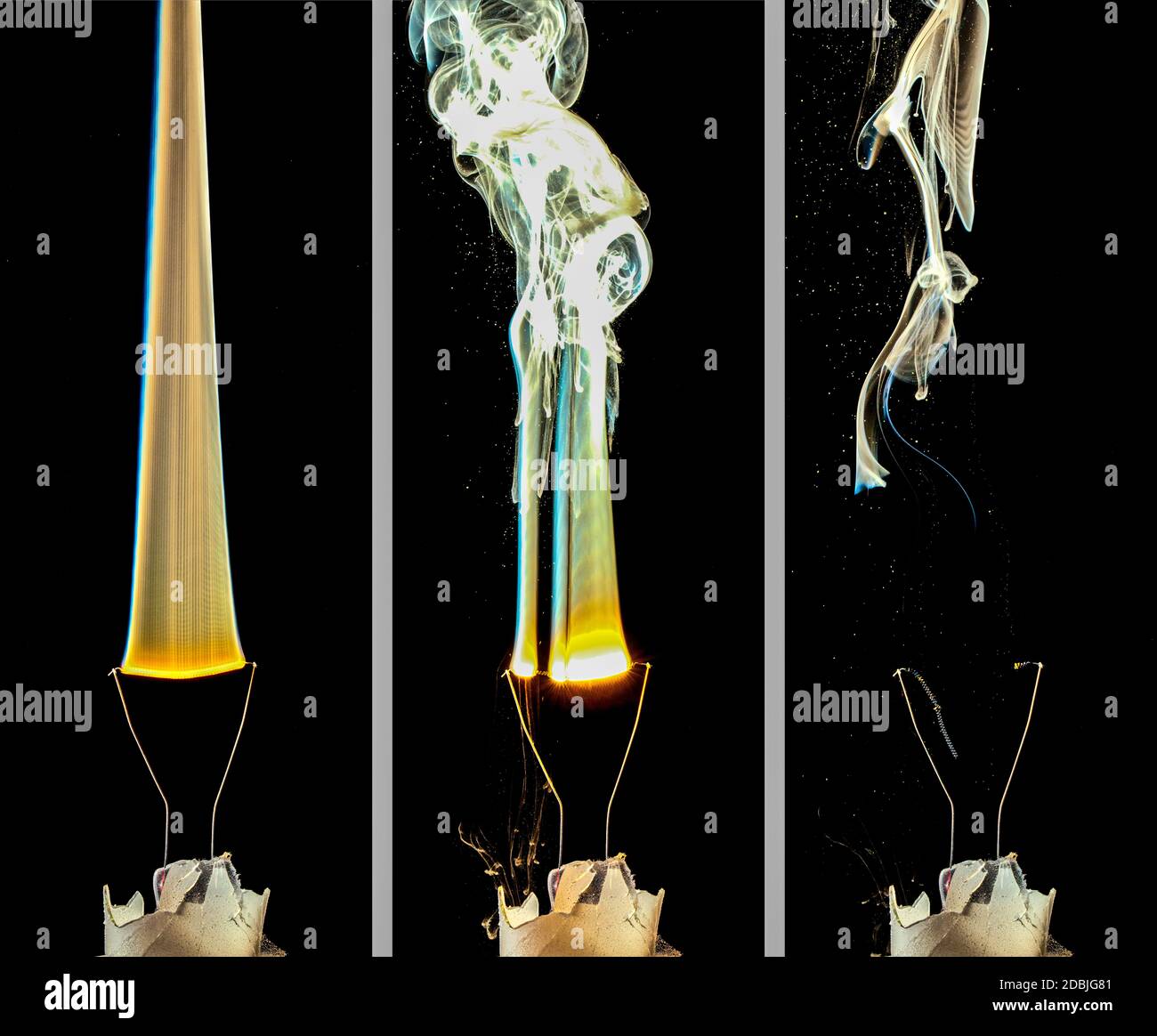 A sequential tryptich showing an electrical element in a light bulb ...