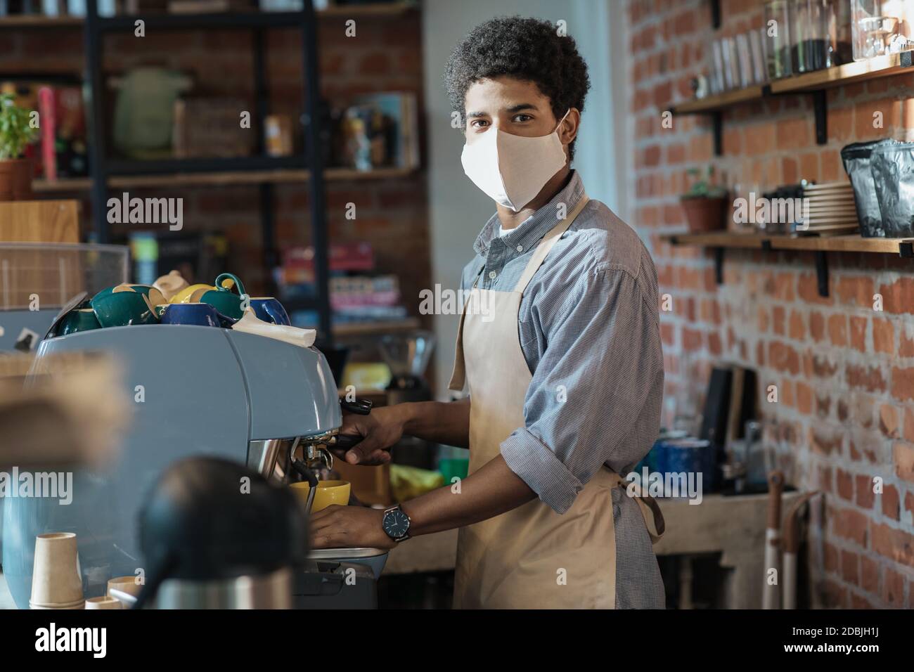 Social distance, new normal, ordering coffee to go and modern barista ...
