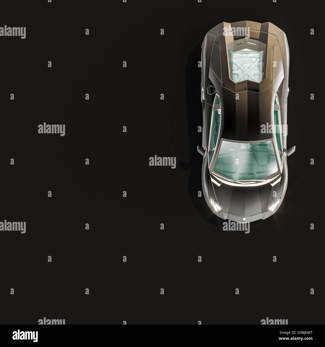 modern sports car on a black background, top view. nobody around, 3d ...