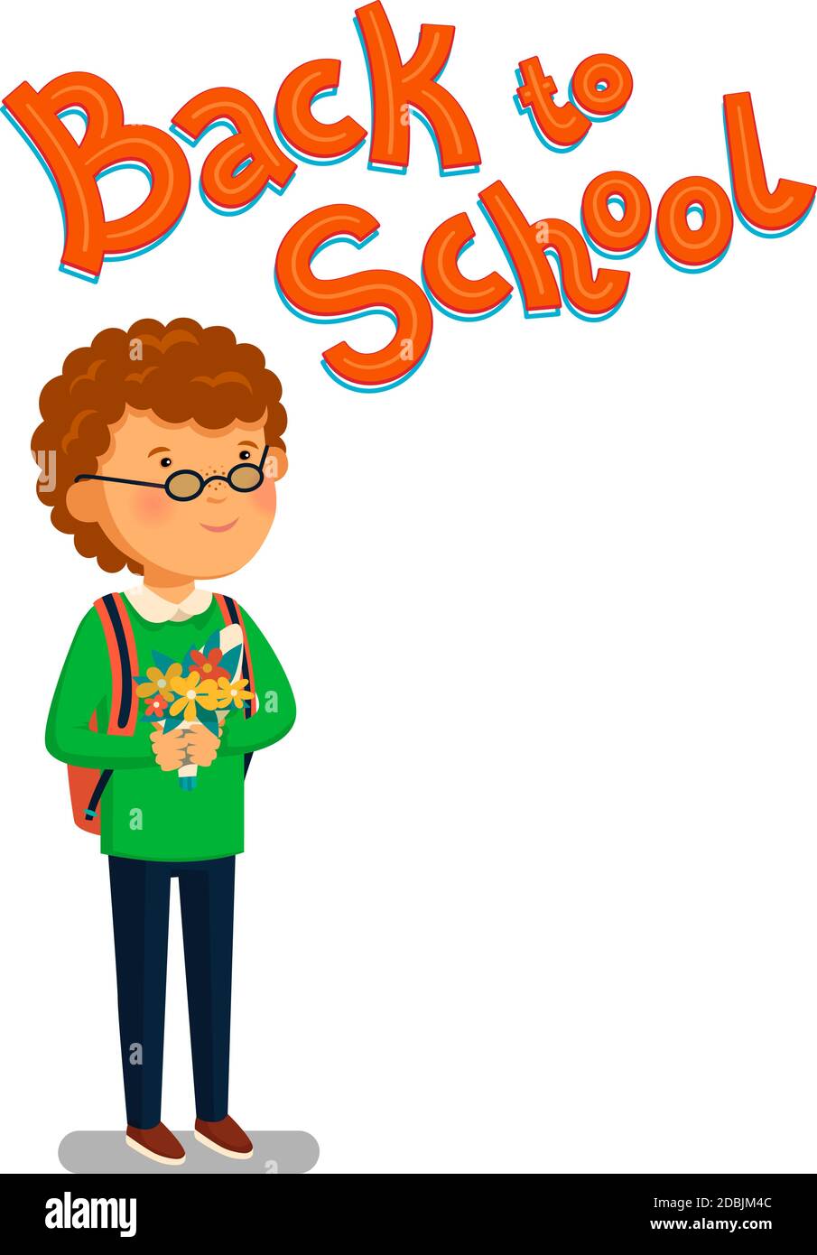 Schoolboy vector. Happy schoolboy with backpack holding bouquet of ...