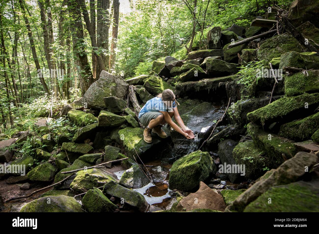 Girl gathering water from stream, Banning State Park, Minnesota, USA ...