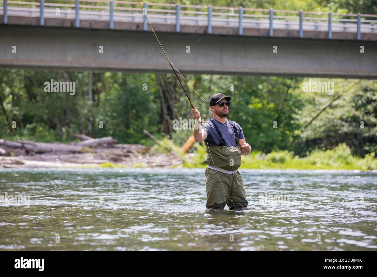 Fly fisherman casting to rising fish on the McKenzie River while ...