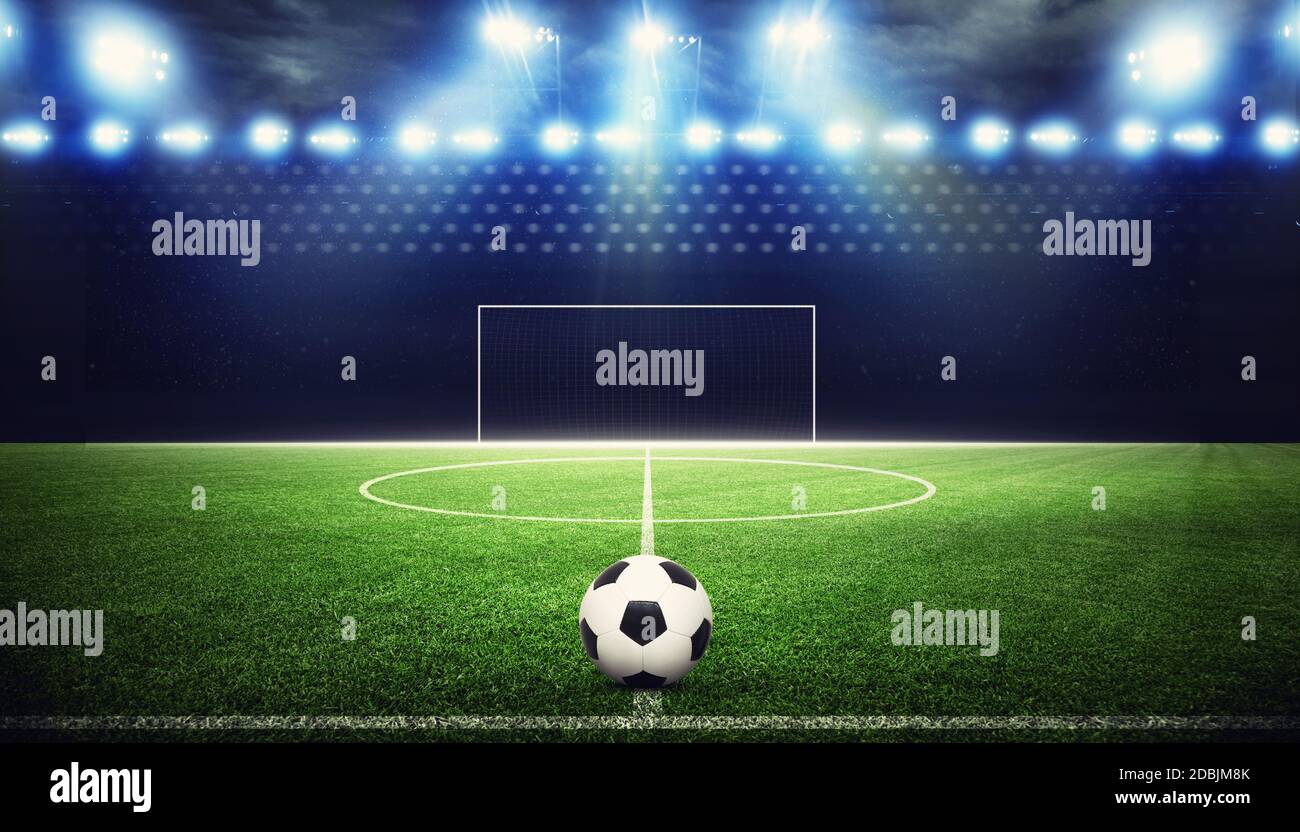 Football stadium, shiny lights, view from field. Soccer concept Stock ...