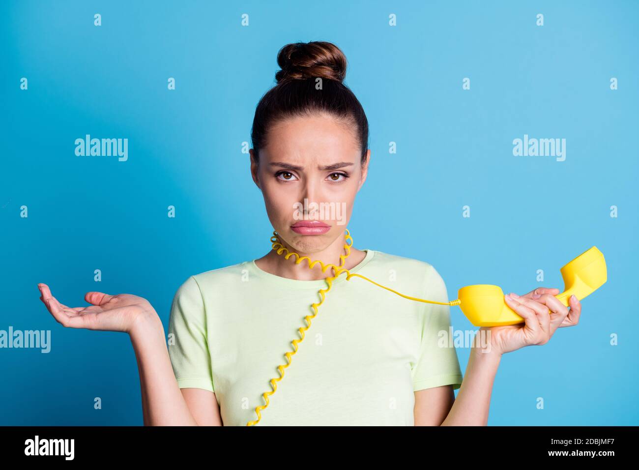 Photo portrait of sad grumpy girl showing misunderstanding keeping ...