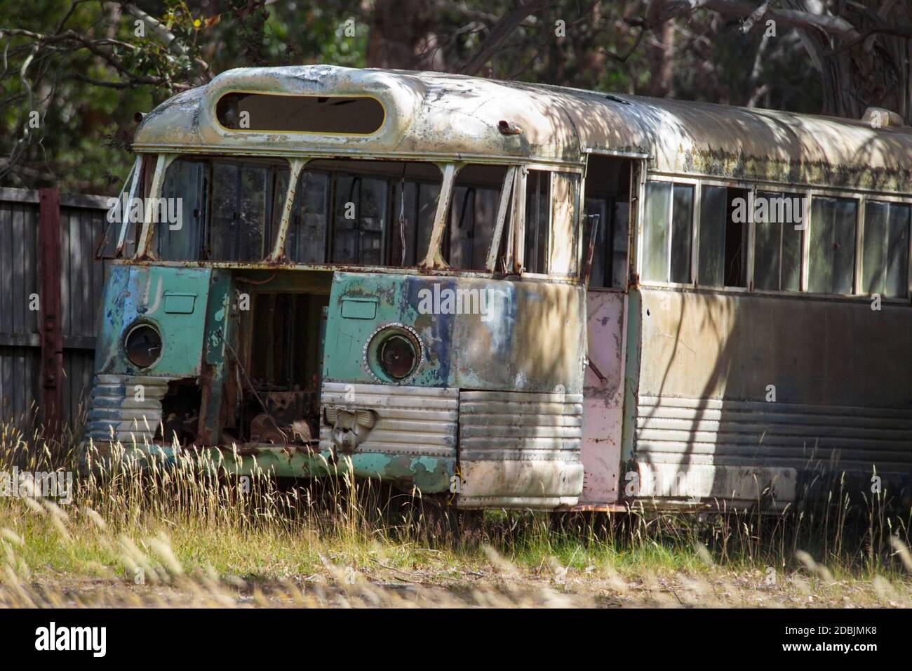 Vintage public transport bus and coach abandoned in Tasmania Stock ...