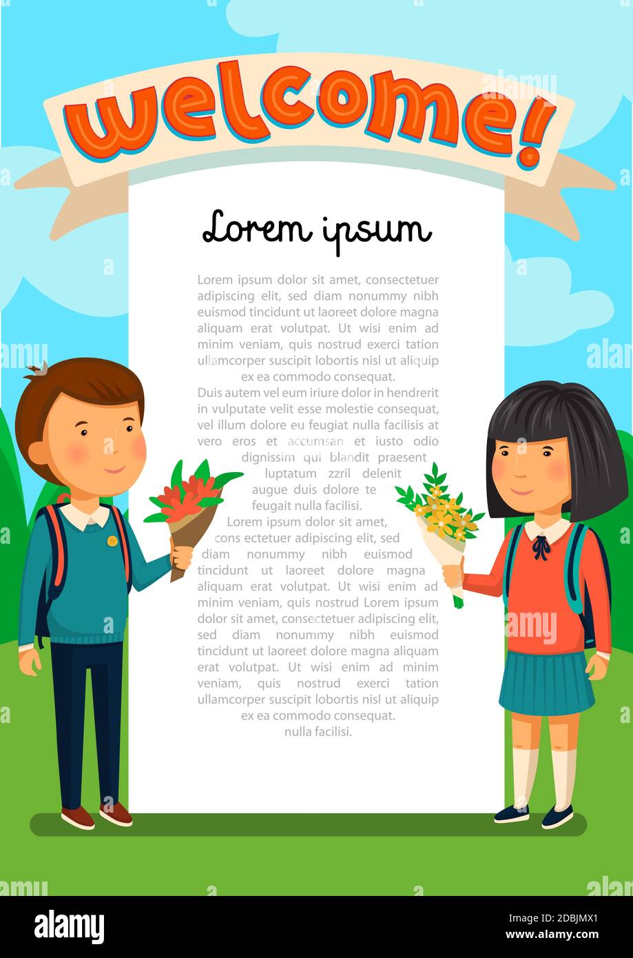 Vector Schoolboy and schoolgirl with welcome text template. Welcomre to ...