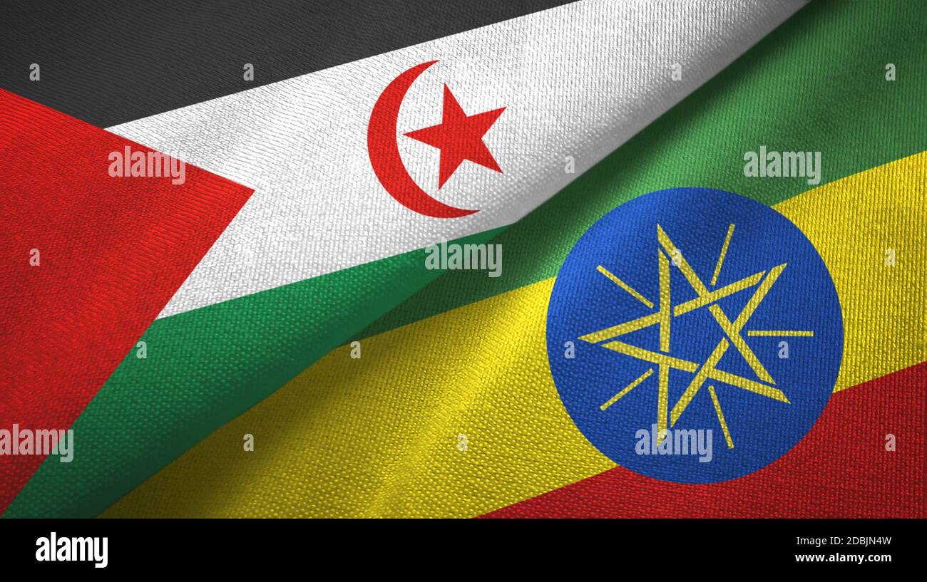 Western Sahara and Ethiopia two flags textile cloth, fabric texture ...