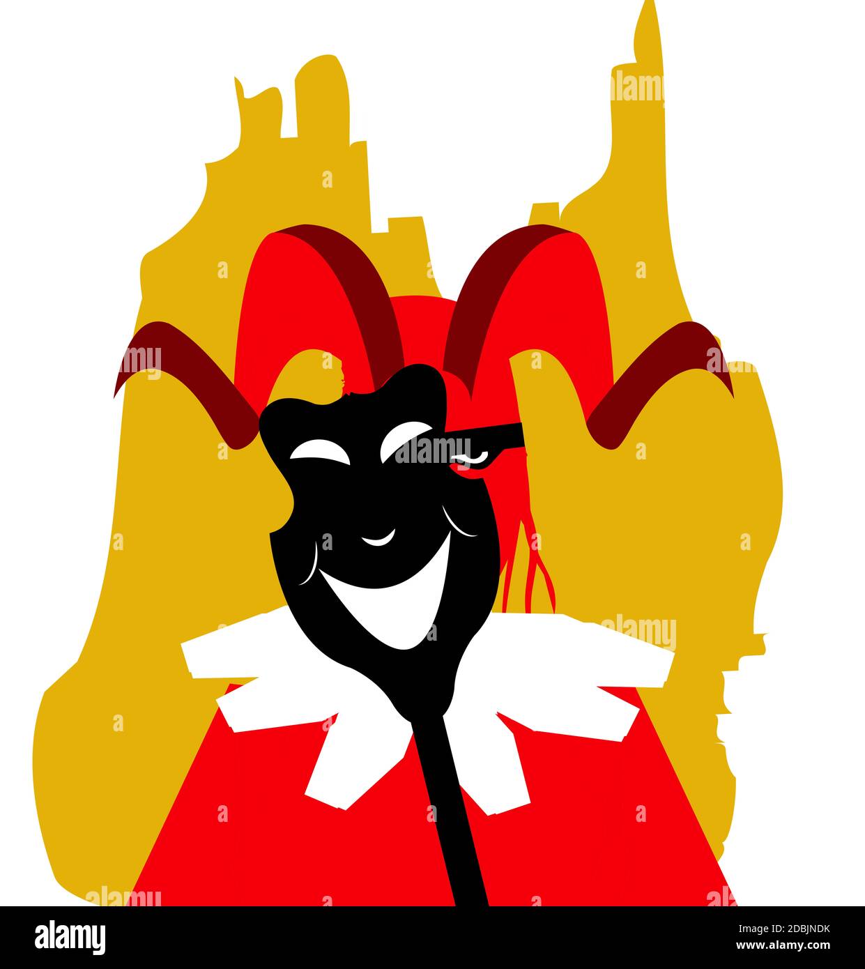 illustration of the devil wearing a smiling mask and yellow flames ...