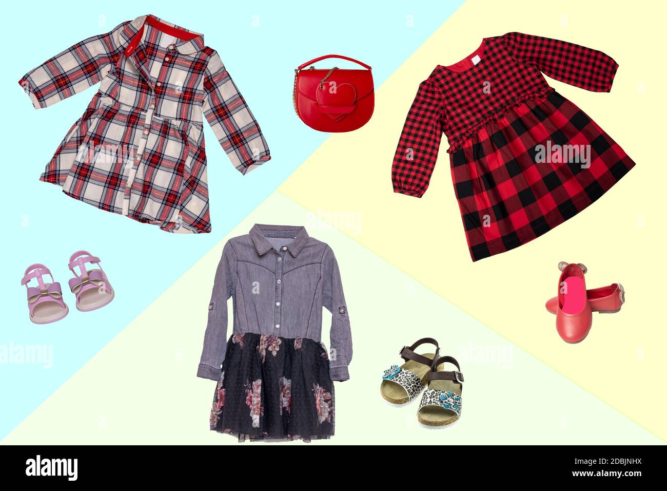 Collage set of little girl summer clothes on a colorful bright ...
