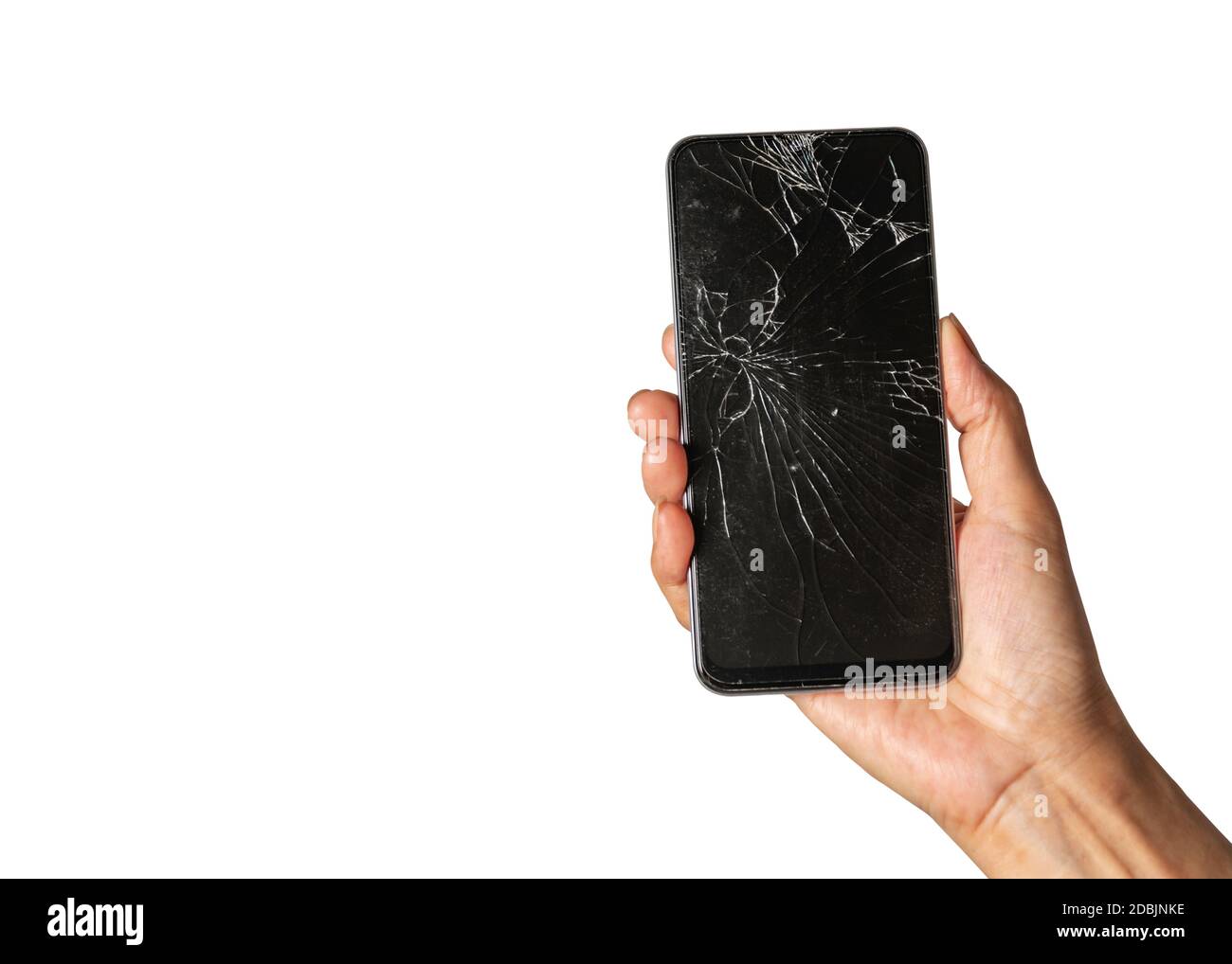 Hand holding a broken touch screen of smart phone and clipping path ...