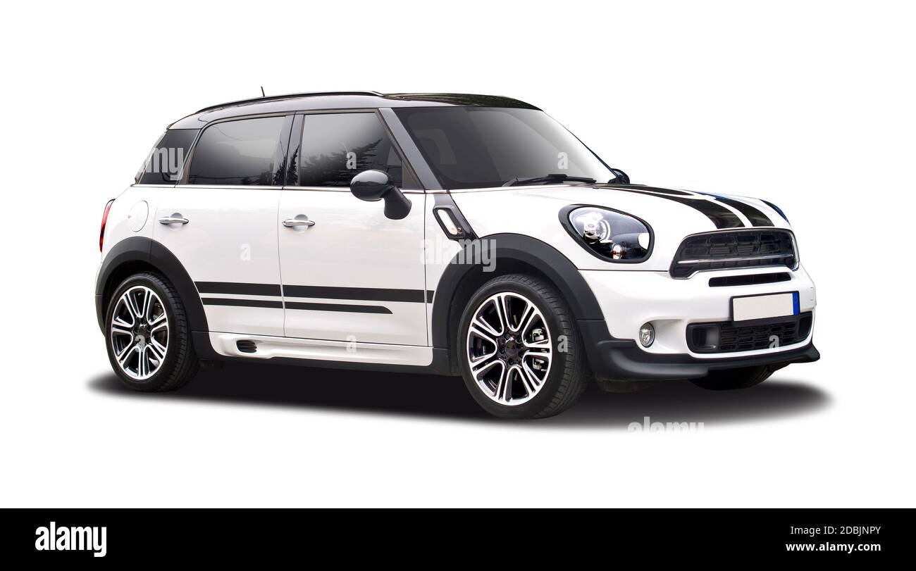 White hatchback family car isolated on white background Stock Photo - Alamy