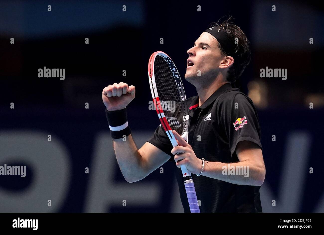 Dominic Thiem celebrates beating Rafael Nadal in their group match on ...