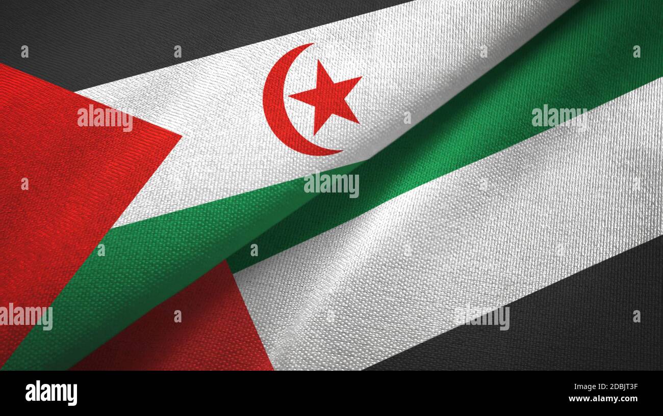 Western Sahara and United Arab Emirates two flags textile cloth, fabric ...