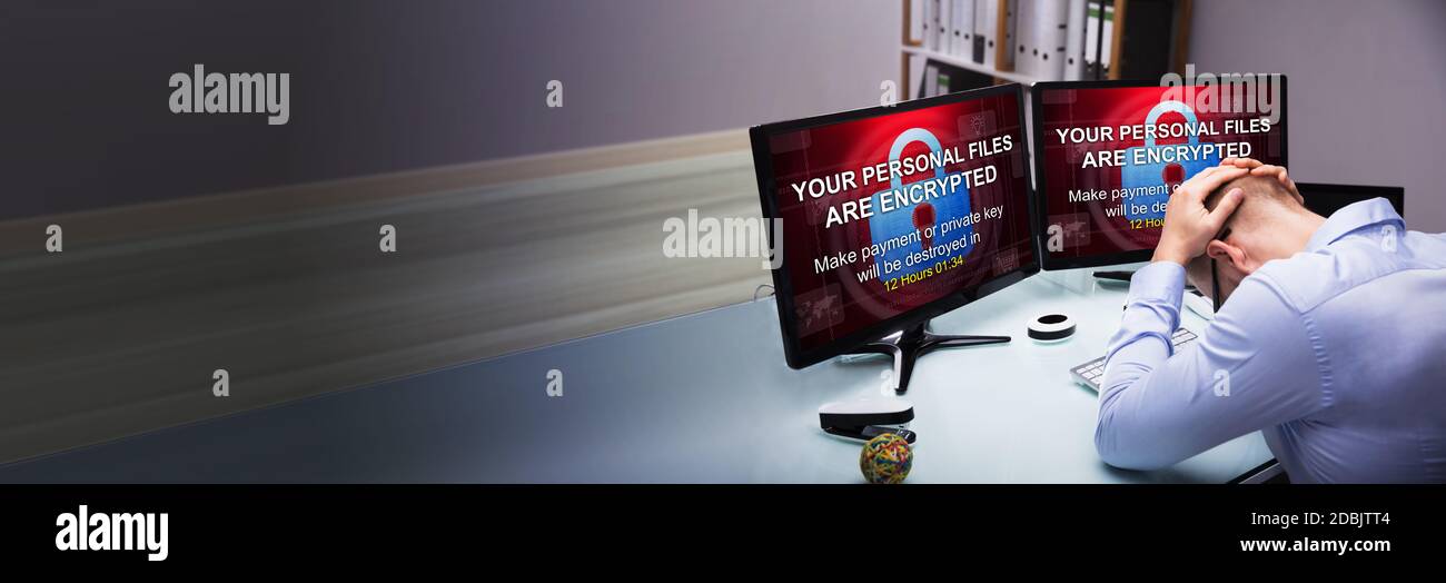 Cyber Ransomware Attack. Businessman Looking At Ransom Screen Text ...