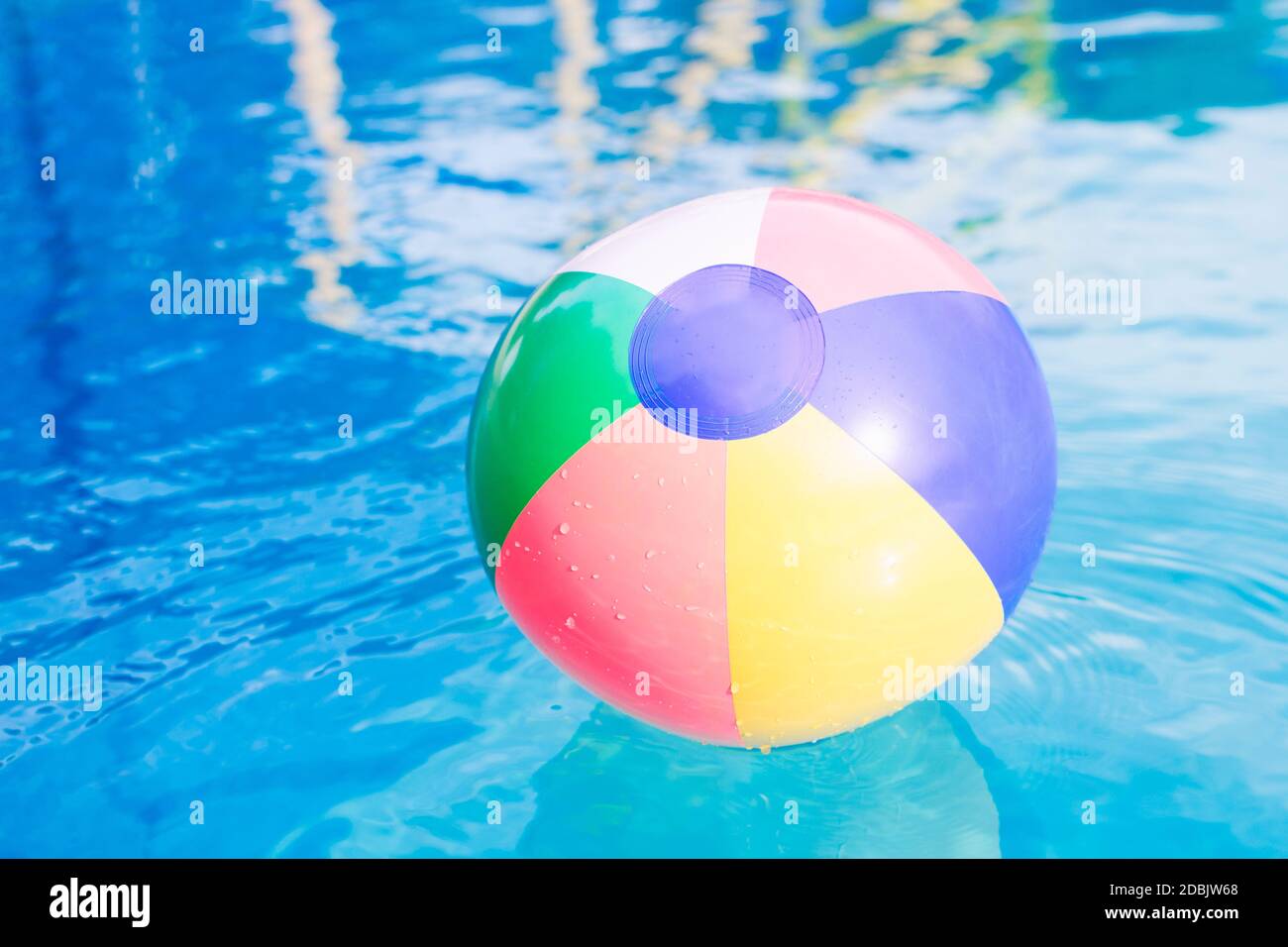 The colorful beach ball is on the water in swimming pool at summer ...