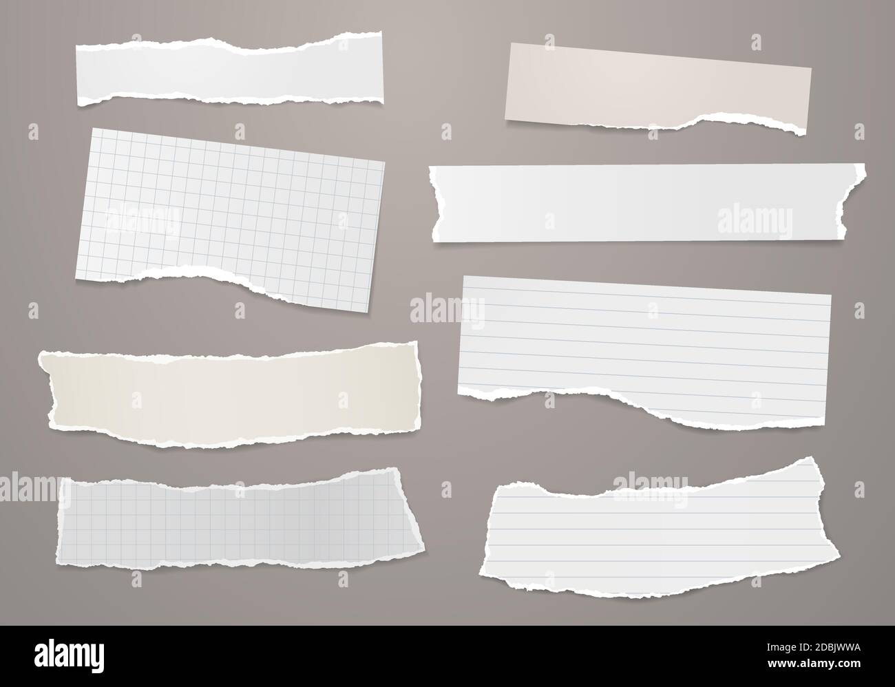 Set of torn white, brown note, notebook paper pieces stuck on dark gray ...