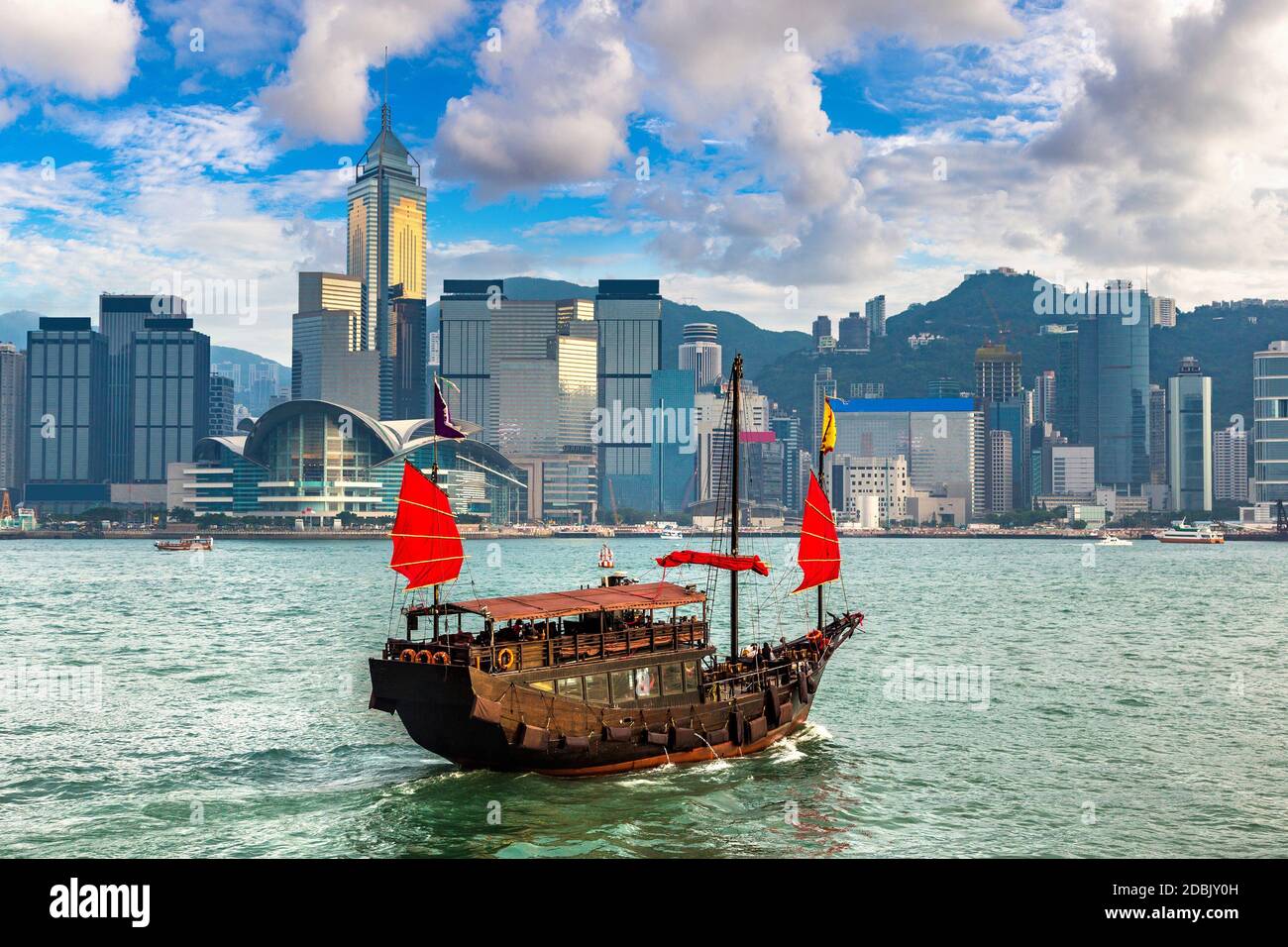 Traditional Chinese wooden sailing ship in Victoria Harbour in Hong ...