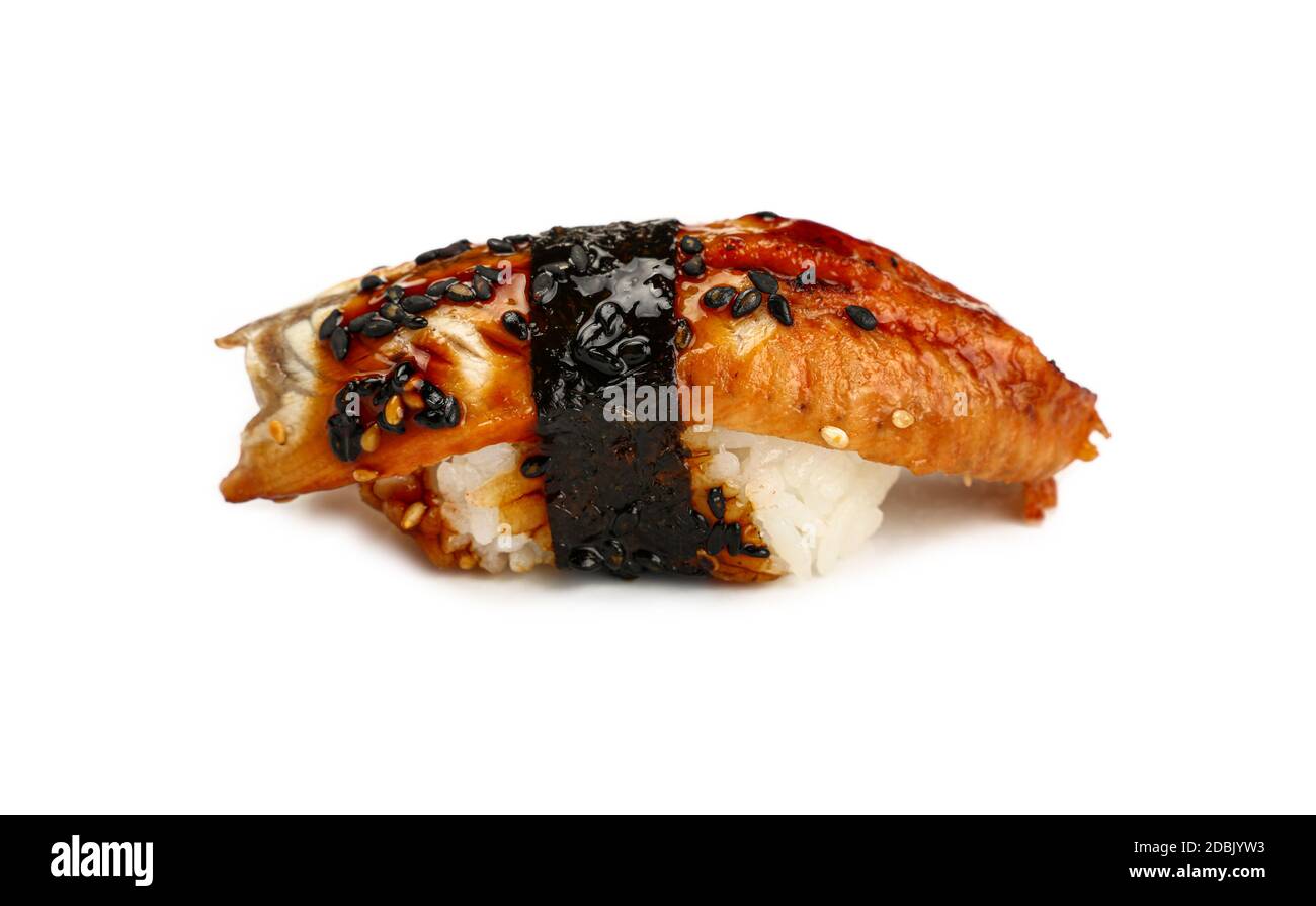 Close up one unagi nigiri sushi with eel isolated on white background, high angle side view ...