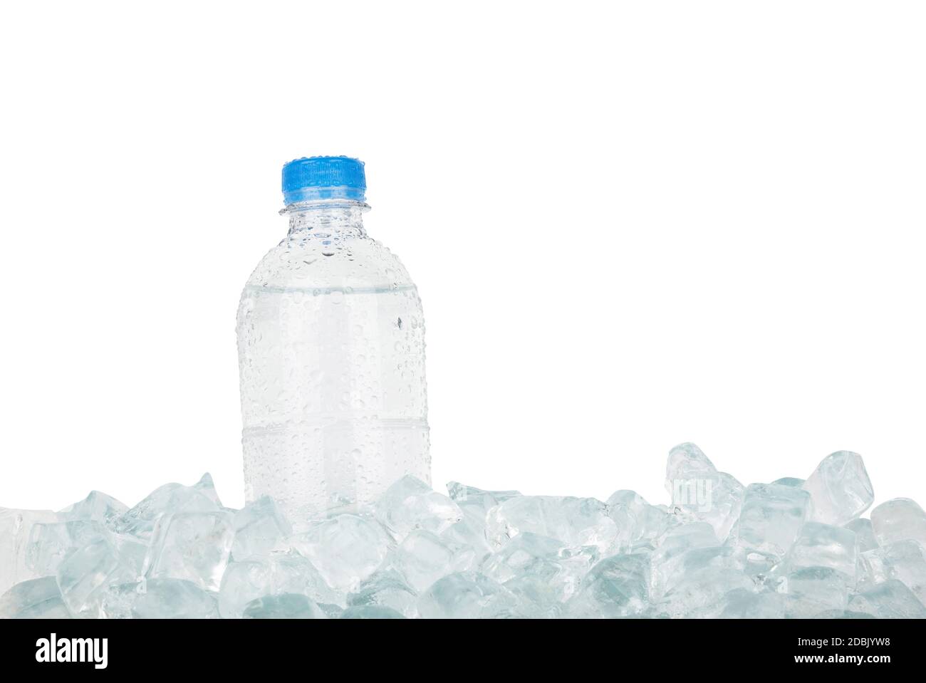One full PET plastic bottle of cold still drinking water chilling on ...