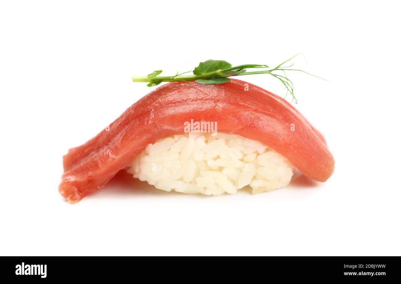 Close up one nigiri sushi with tuna fish isolated on white background ...