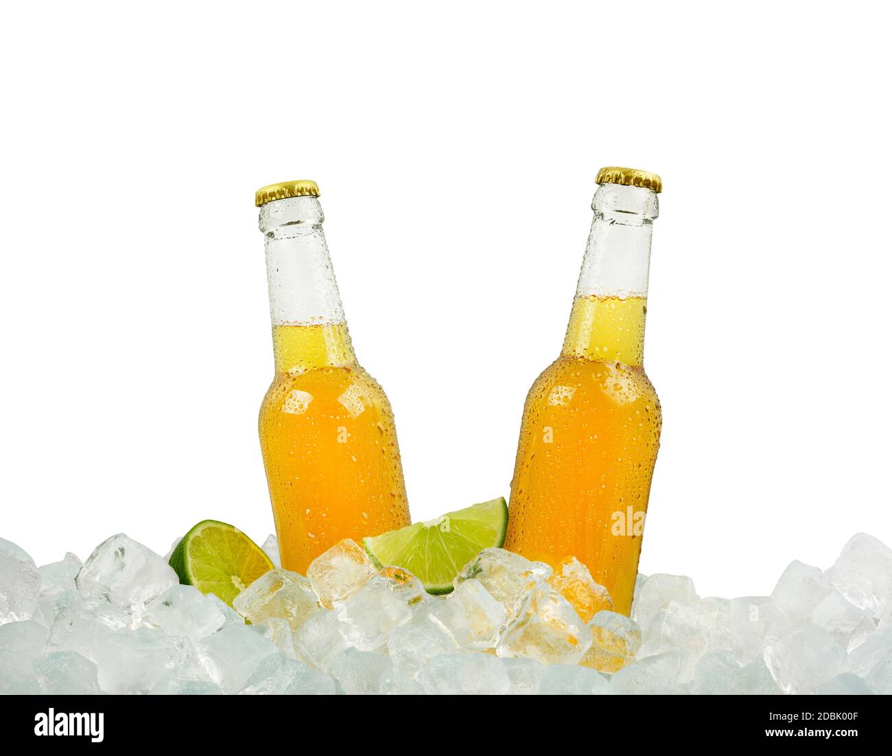 Close up two clear glass bottles of cold lager beer on ice cubes at ...