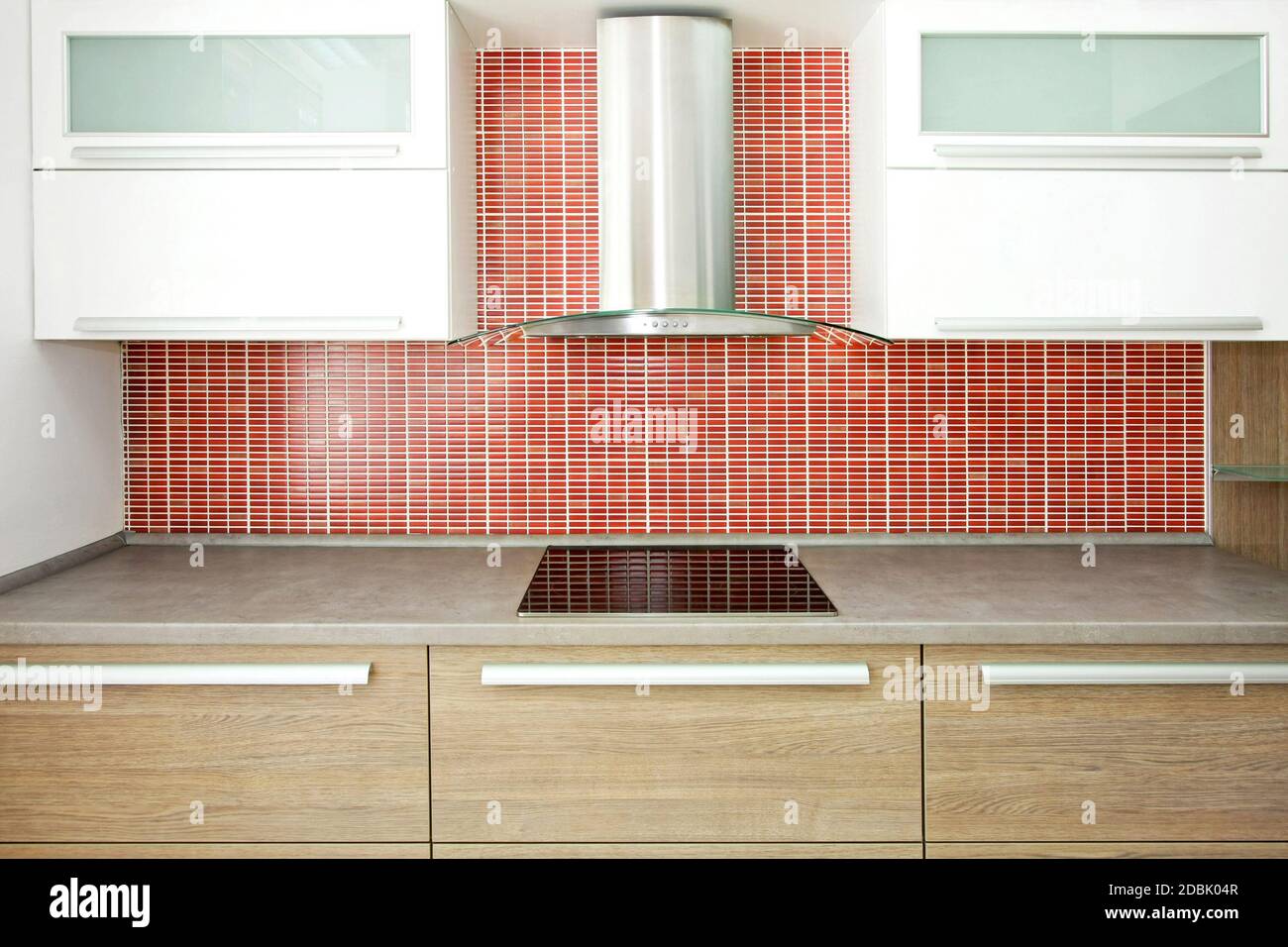 Big wooden counter and red ceramic wall Stock Photo - Alamy
