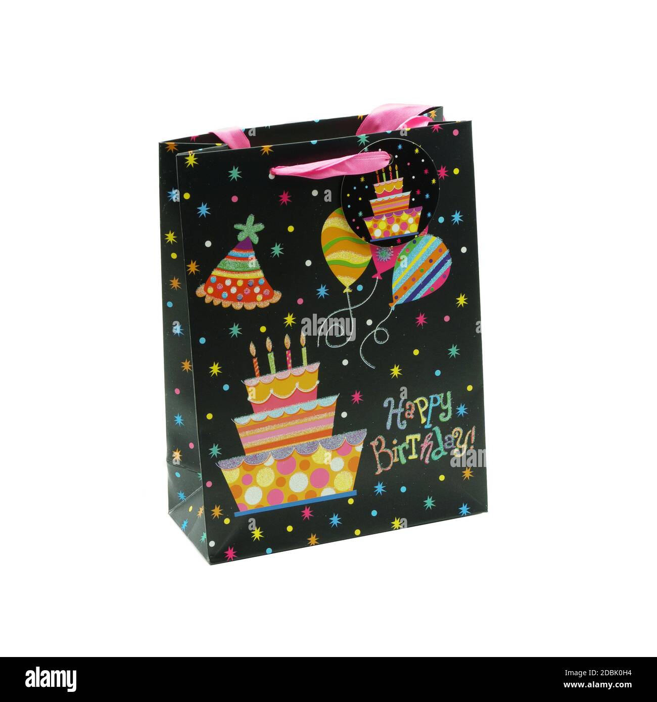 Black birthday bag with a colorful print Stock Photo - Alamy