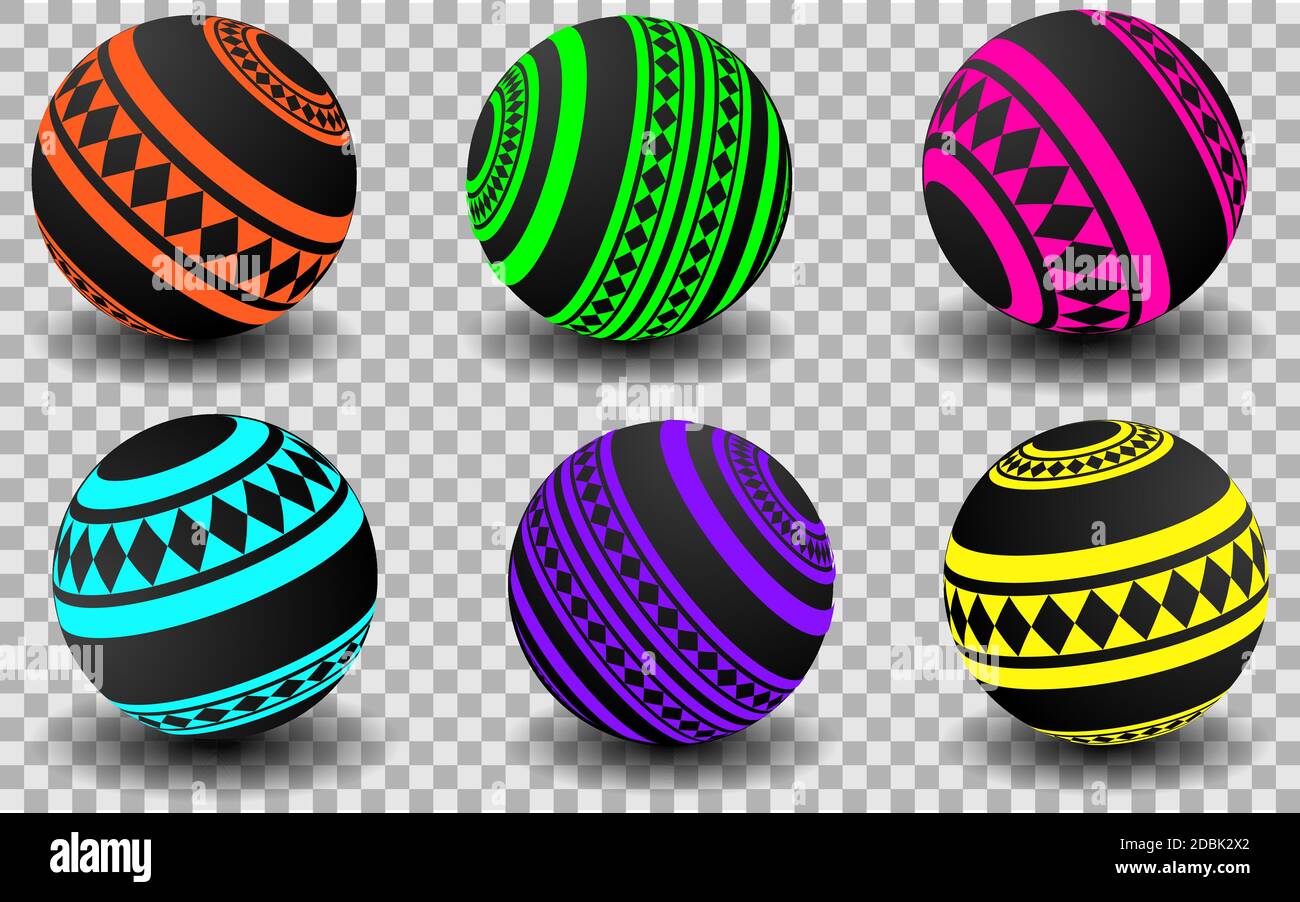 Black balls with a colored, geometric pattern on a transparent ...