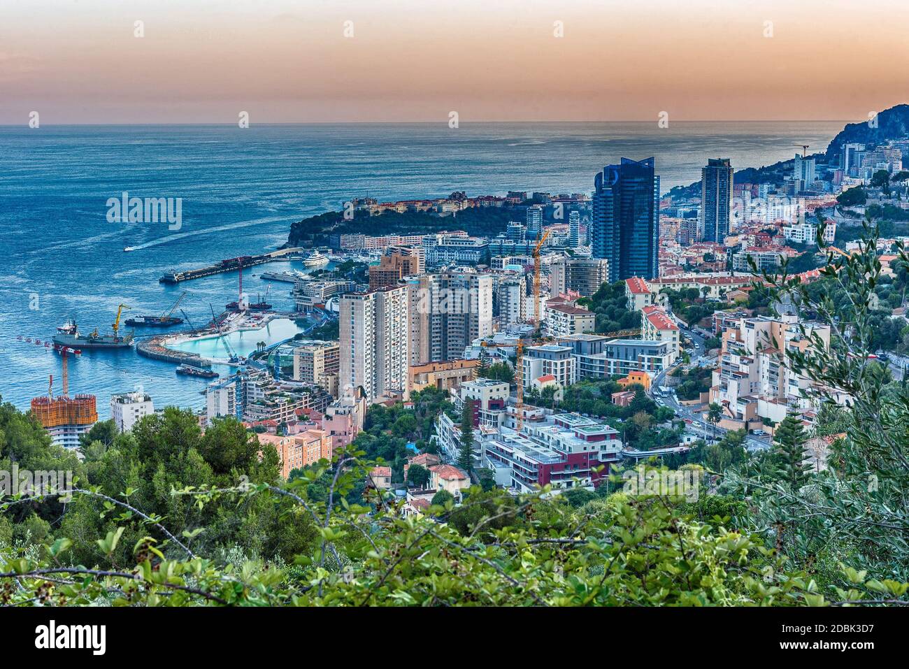 Panoramic view of Monaco at sunset from the Grande Corniche road ...