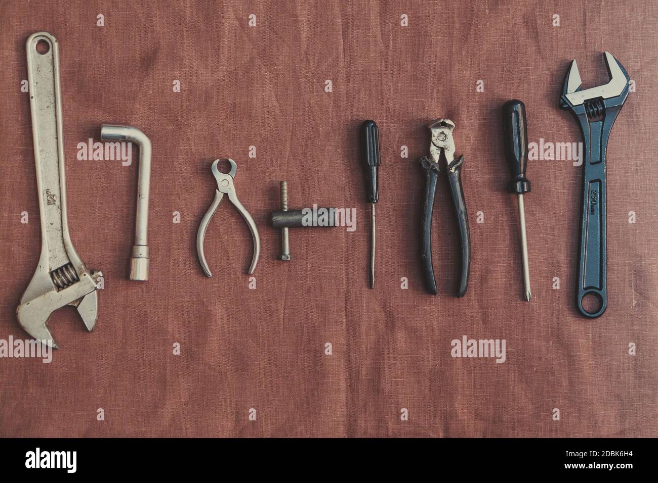 old vintage tools on linen cloth Stock Photo - Alamy