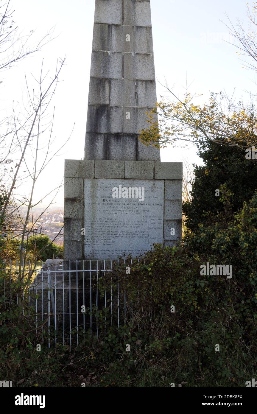 The Martyrs' Memorial stands on Cliffe Hill in the East Sussex town of ...
