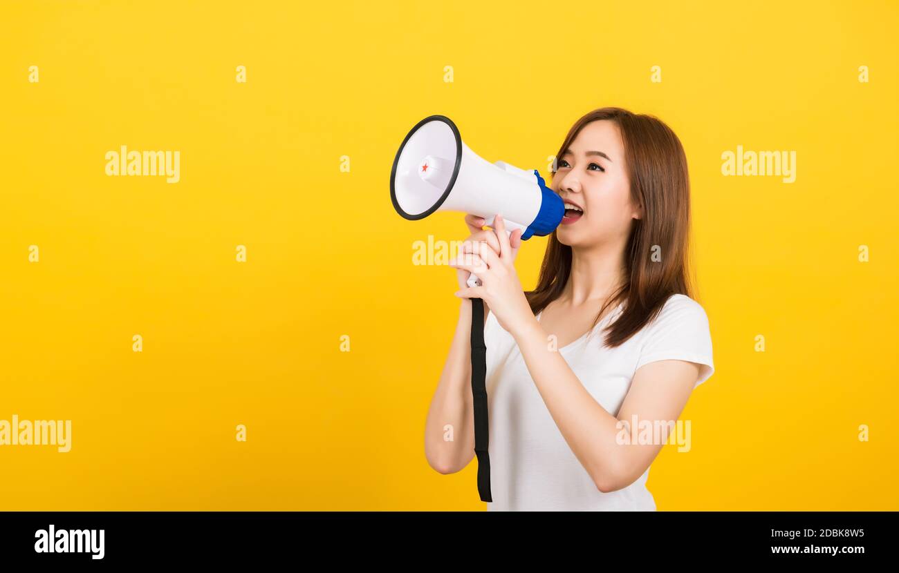 Asian happy portrait beautiful cute young woman teen standing making ...