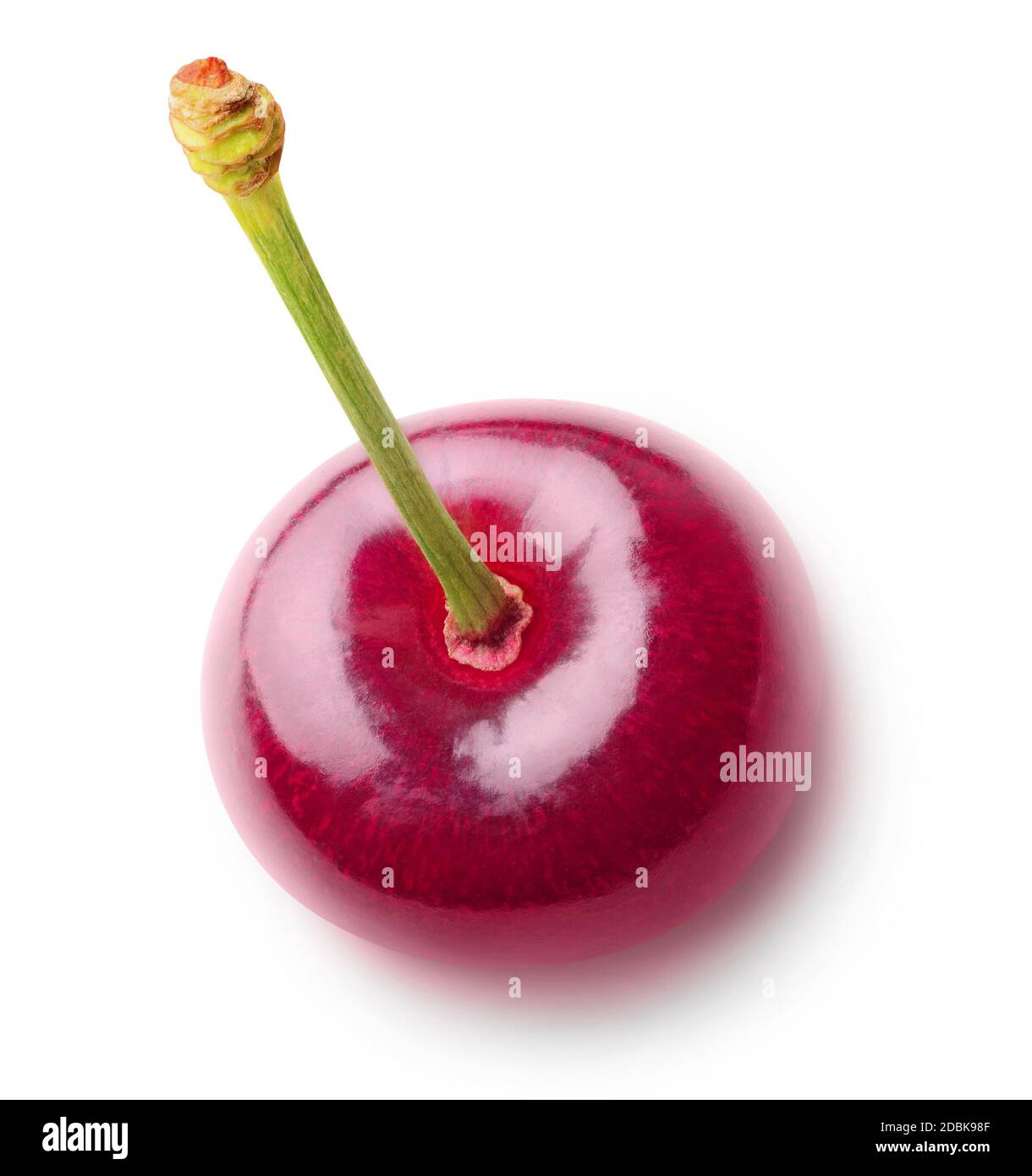 Isolated cherry. One sweet cherry fruit with stem top view isolated on ...