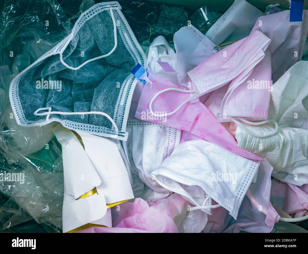 Used surgical face mask in trash sanitary napkins, plastic. Medical ...