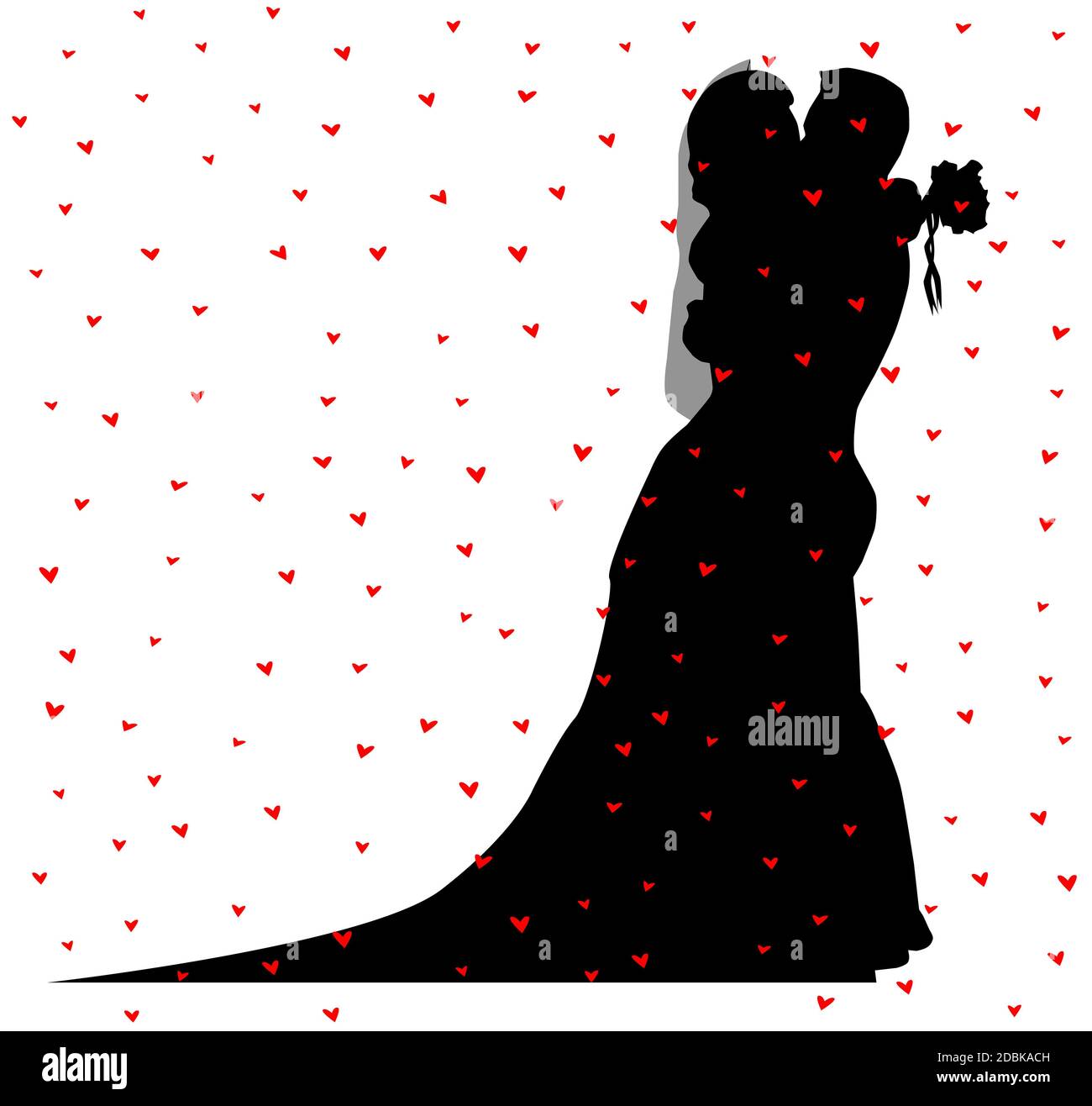 Bride and groom in silhouette kissing to a foreground of heart confetti ...