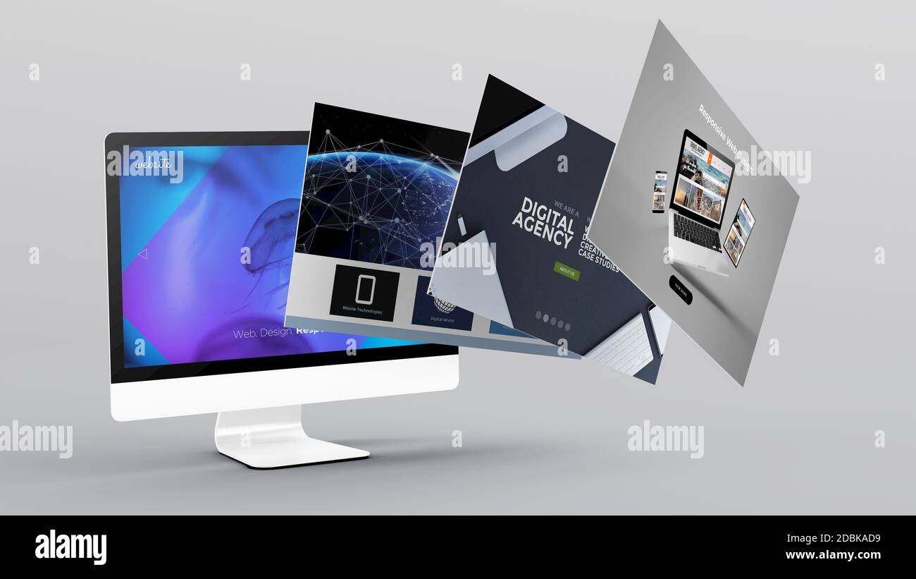 Floating screens mock up 3d rendering Stock Photo - Alamy