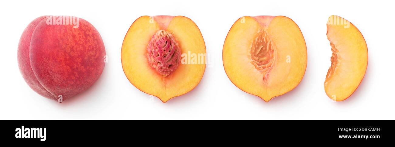 Whole fresh peach fruit, half and pieces in a row, top view, isolated ...
