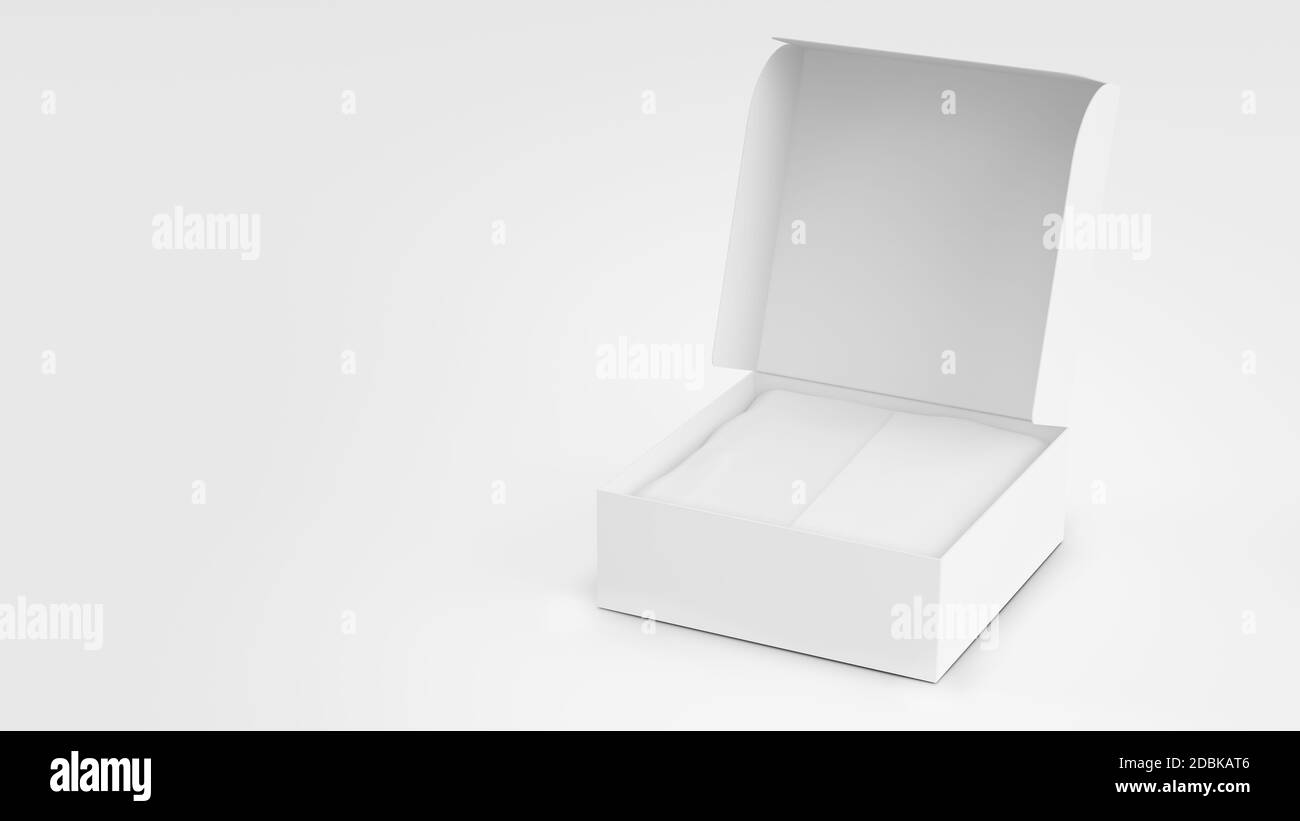 Open box with wrapping paper mock up 3d rendering Stock Photo - Alamy