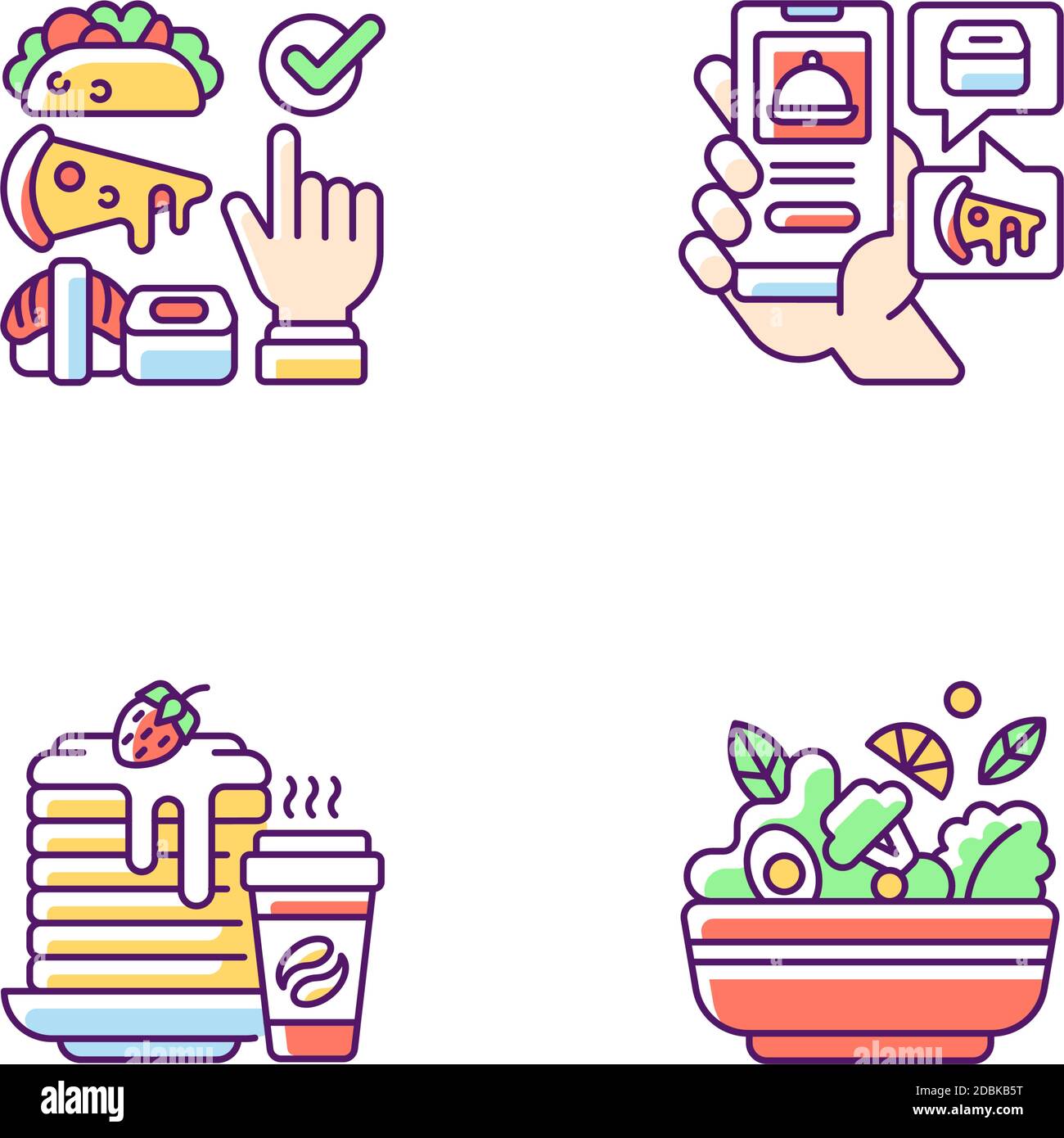 Delivering groceries, pre-prep, pre-made meals RGB color icons set ...